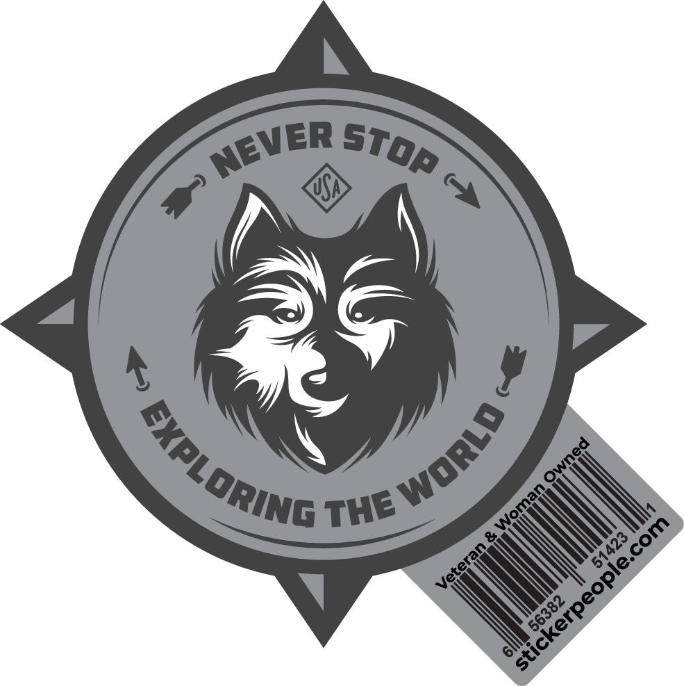 Never Stop Exploring Wolf Compass | Wolf Sticker | Sticker People