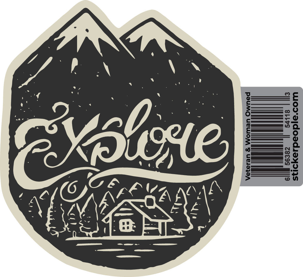 Explore Badge Cabin and Mountains Sticker | Sticker People | Sticker People