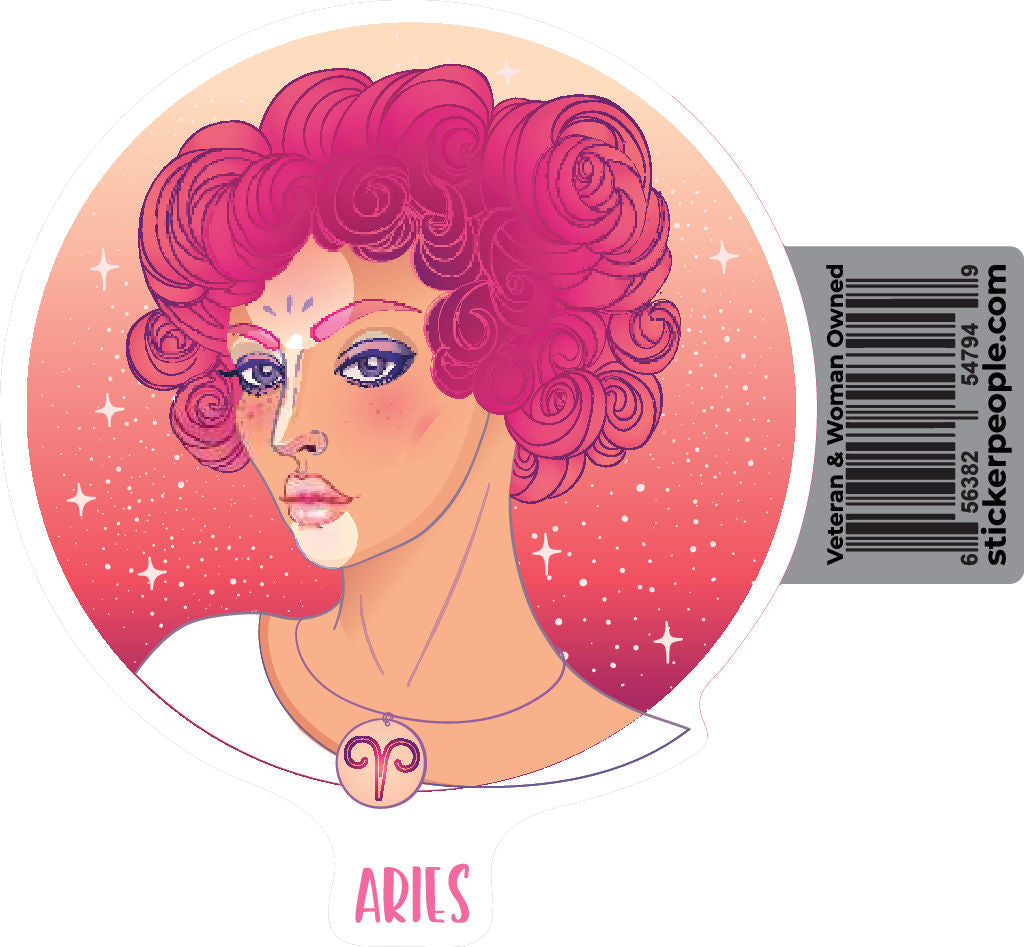 Aries Zodiac Pink Hair Lady Round | Sticker People